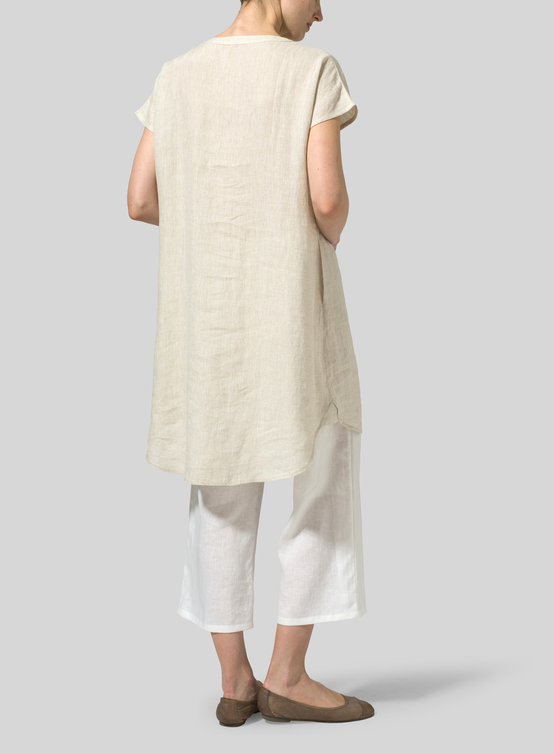 Linen Split Neck Long Tunics - Plus Size