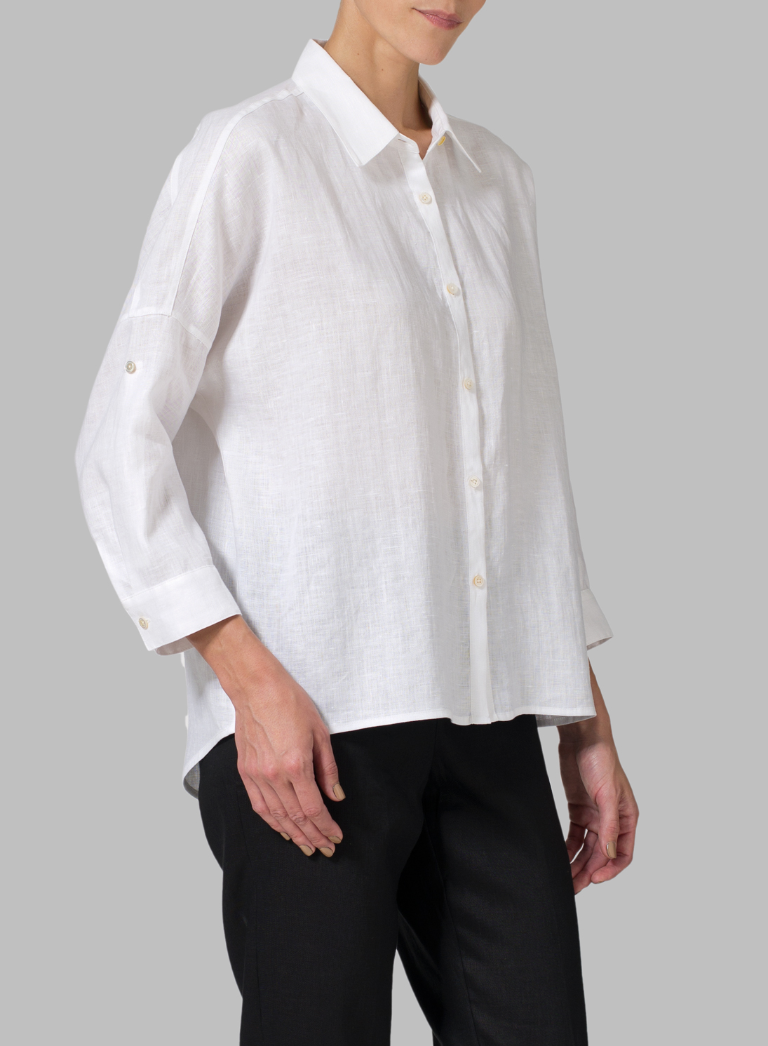 Linen White Crop Sleeve Boxy Shirt - Plus Size