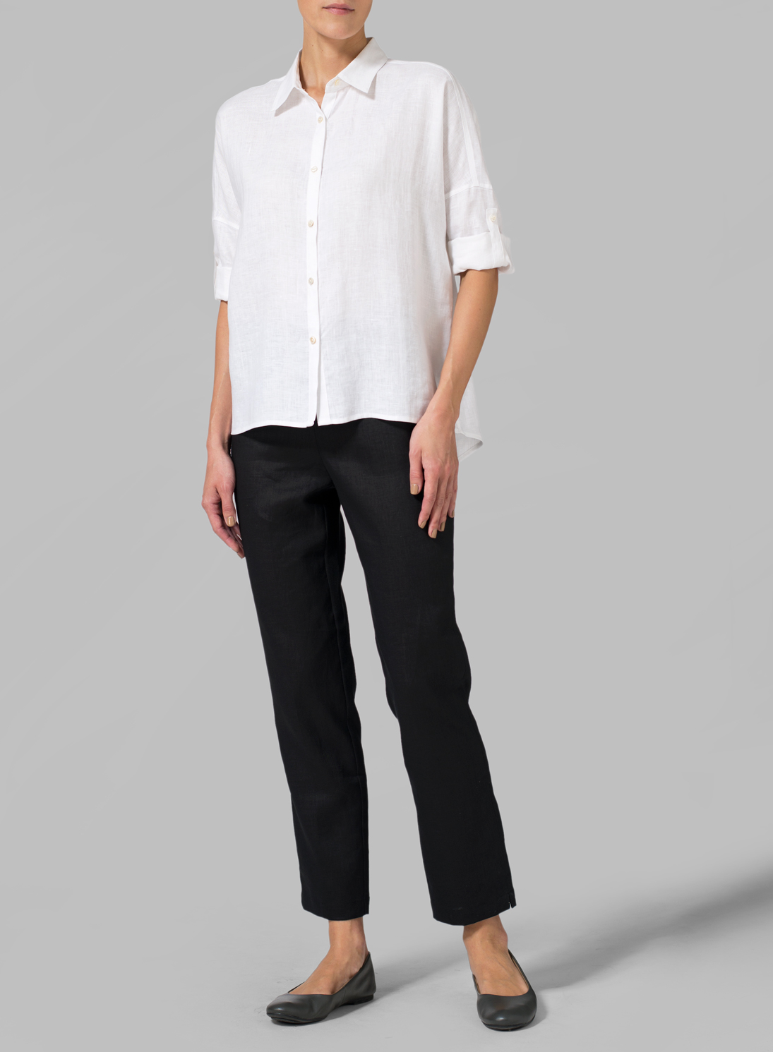 Linen White Crop Sleeve Boxy Shirt - Plus Size