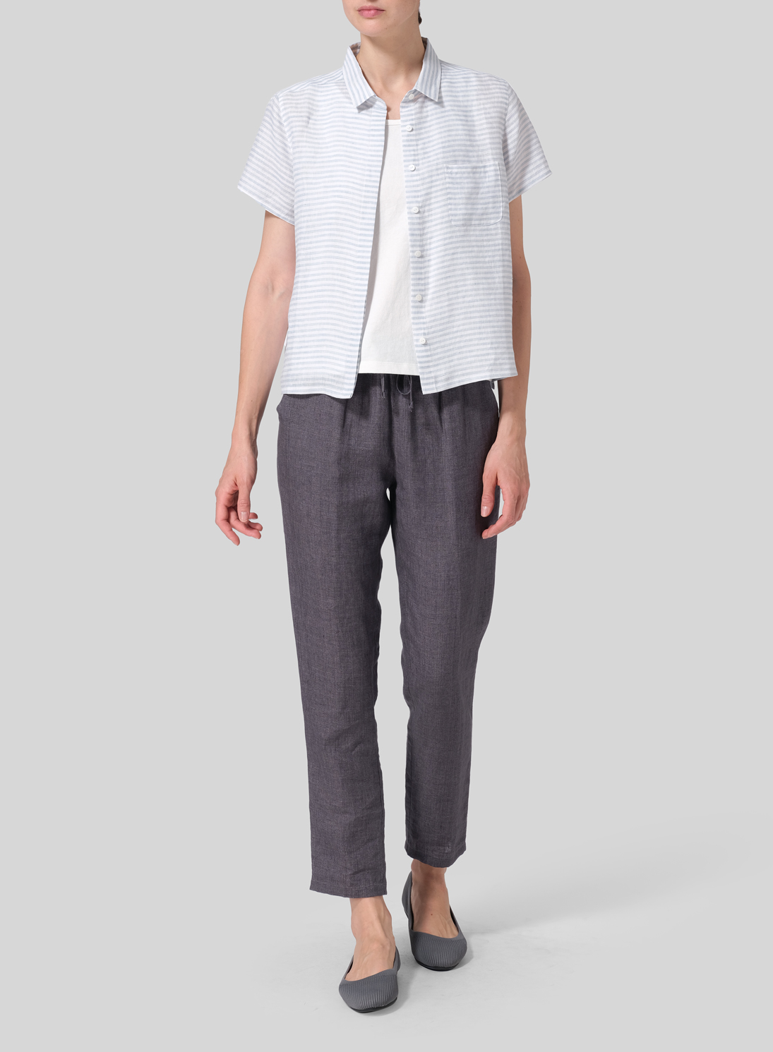 Linen Short Sleeve Mini-point Collar Shirt