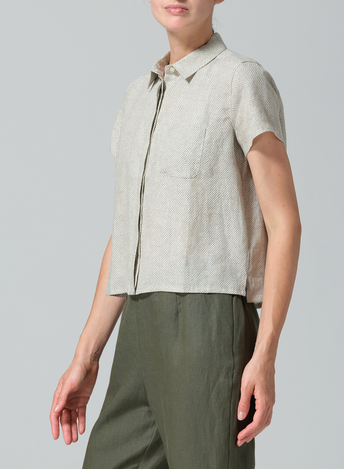 Linen Short Sleeve Mini-point Collar Shirt - Plus Size