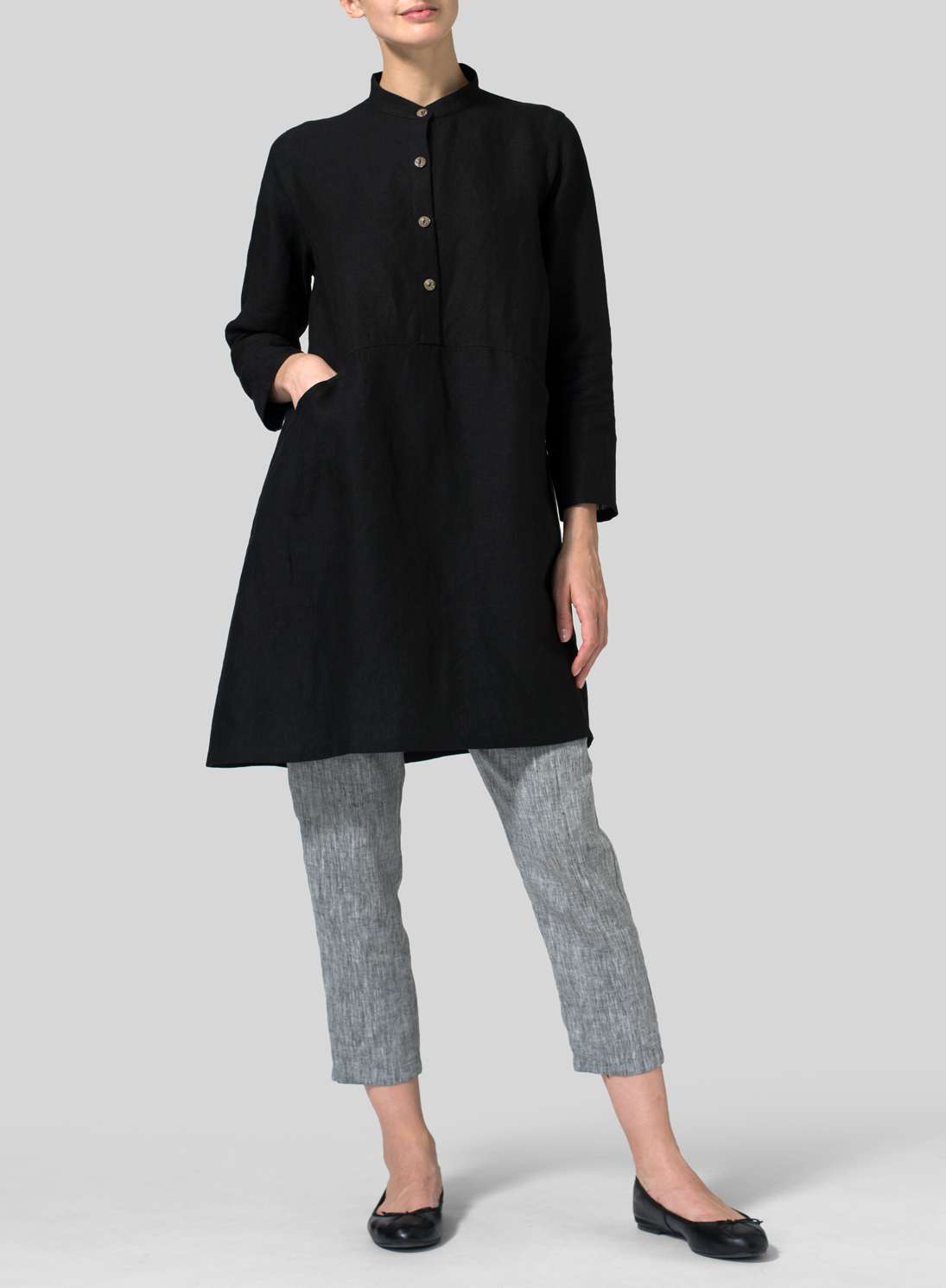 Black Linen Long Sleeve A-Line Tunic - Plus Size