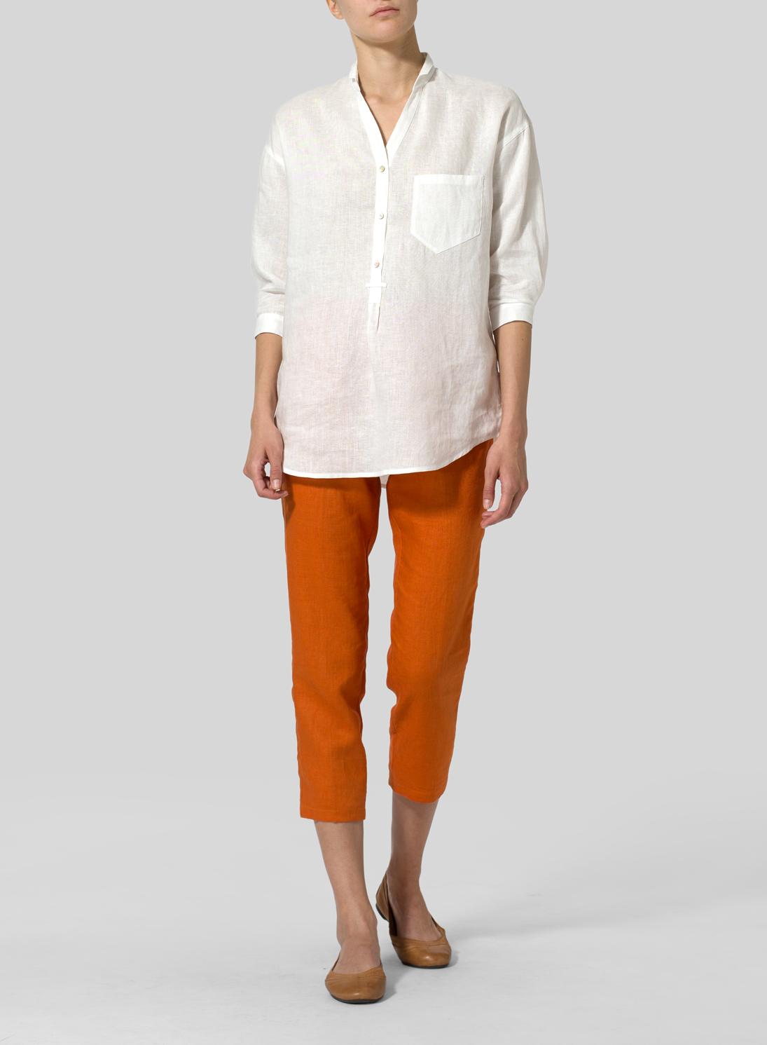 Soft White Linen Blouse With V-neck Mandarin Collar Set