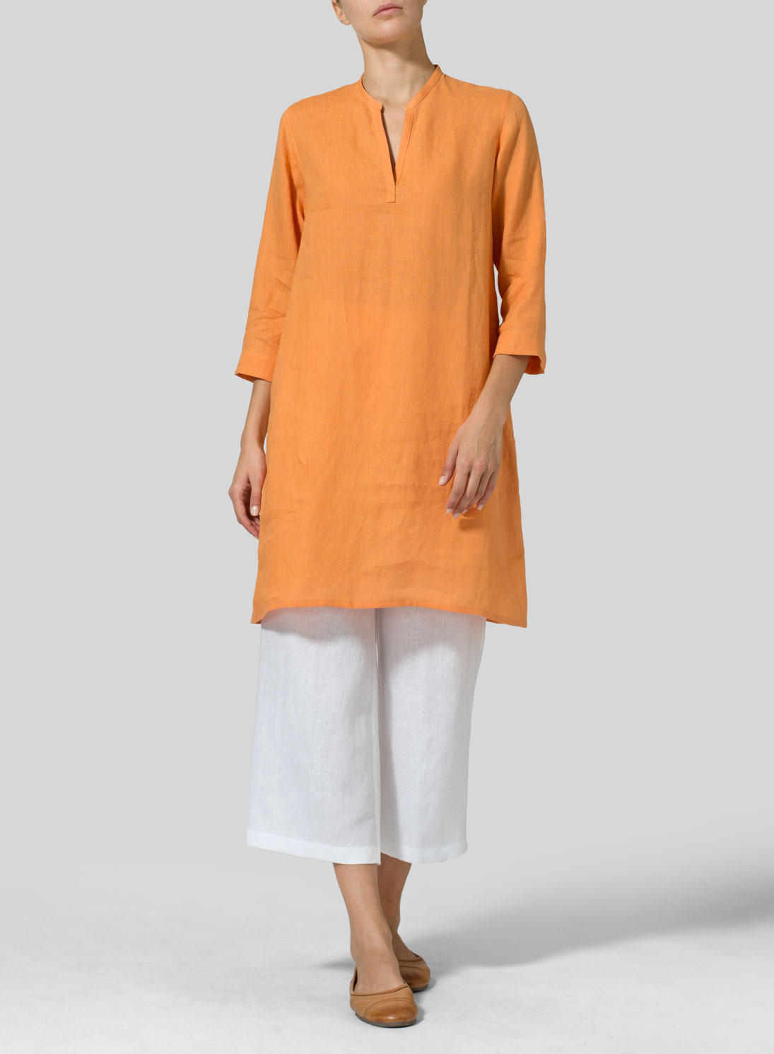 Orange Linen V-neck Mandarin Collar Tunic - Plus Size