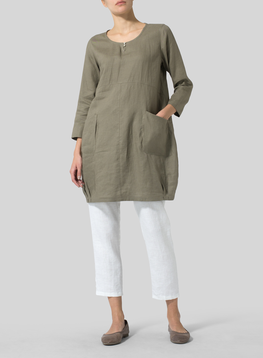 Linen Button Loop Balloon Tunic - Plus Size