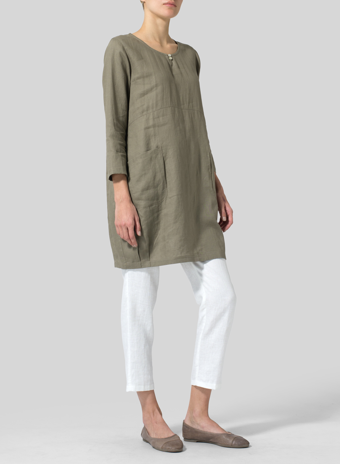Linen Button Loop Balloon Tunic - Plus Size