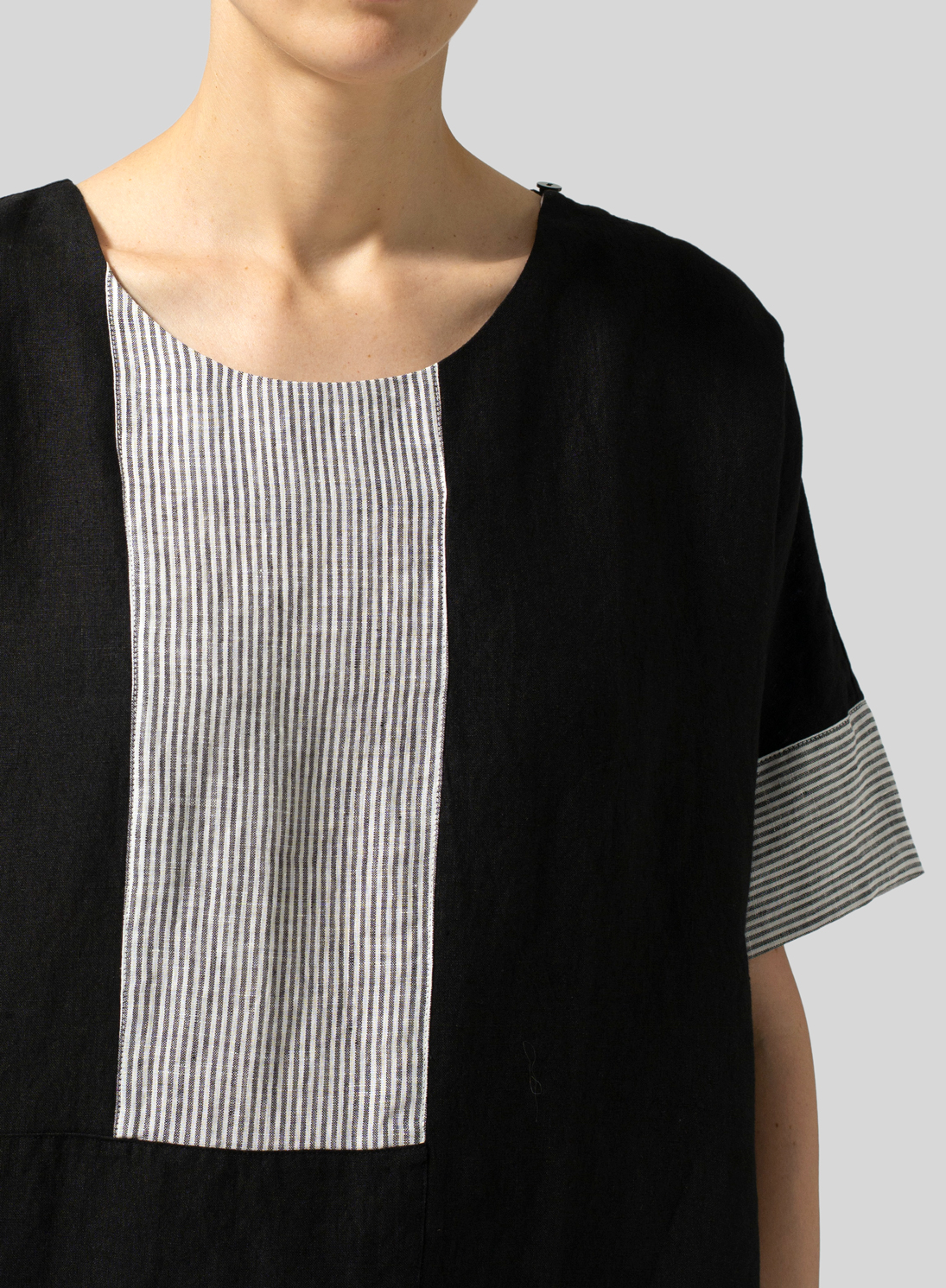 Black Stripe Linen Oversize Patchwork Tunic - Plus Size