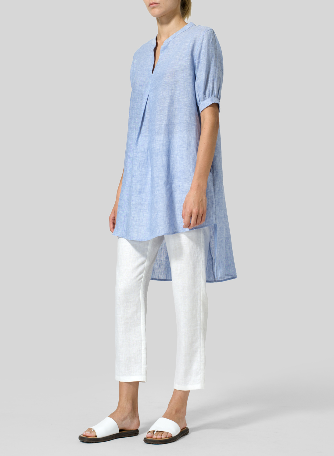 Linen Mandarin Collar A Shape Blouse - Plus Size
