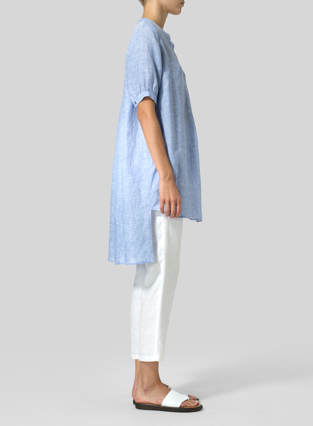 Linen Mandarin Collar A Shape Blouse - Plus Size
