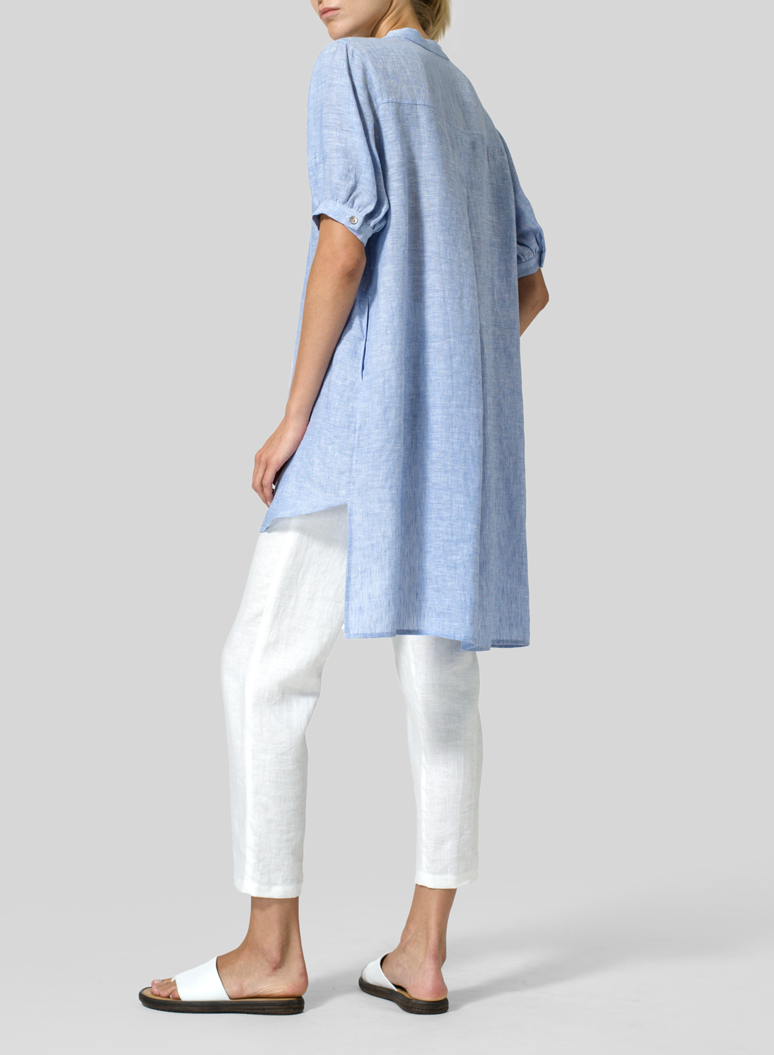 Linen Mandarin Collar A Shape Blouse - Plus Size