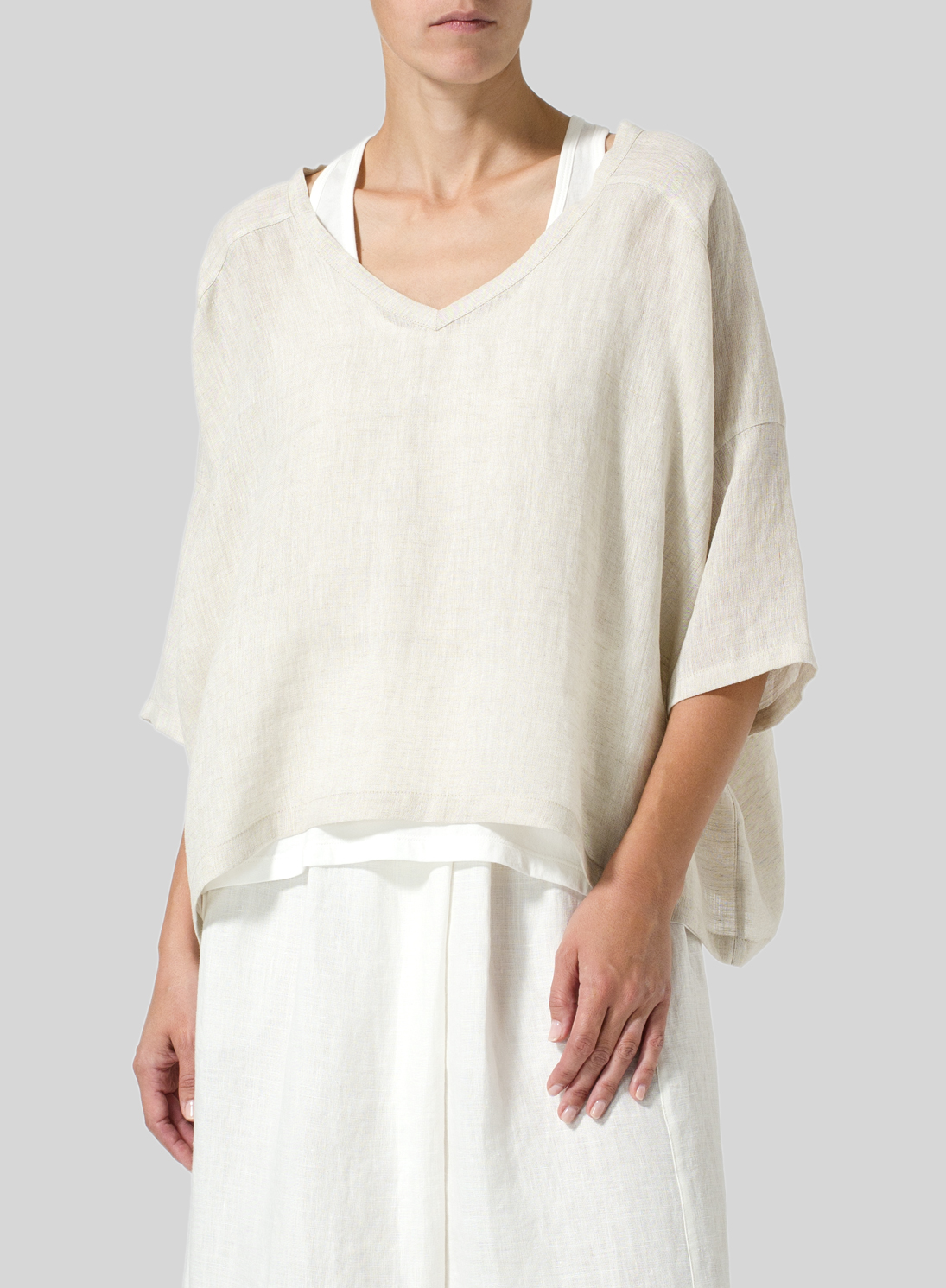Woven Linen Deep V-neck Top - Plus Size