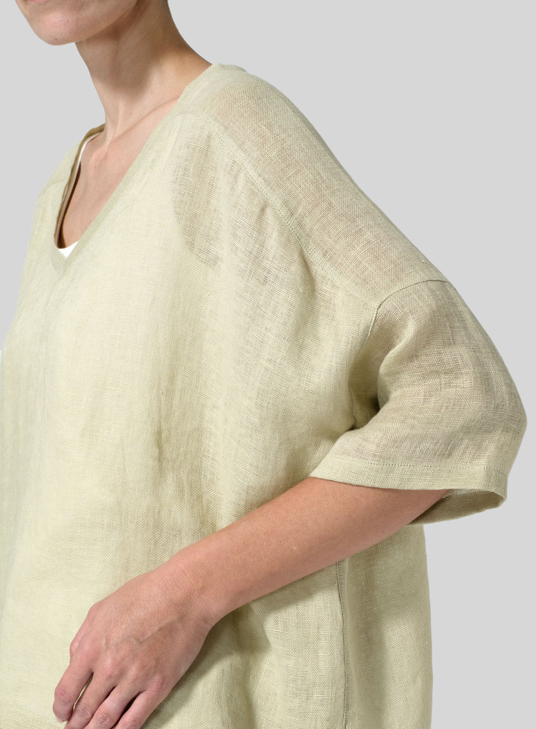 Pale Goldenrod Woven Linen Deep V-neck Top - Plus Size
