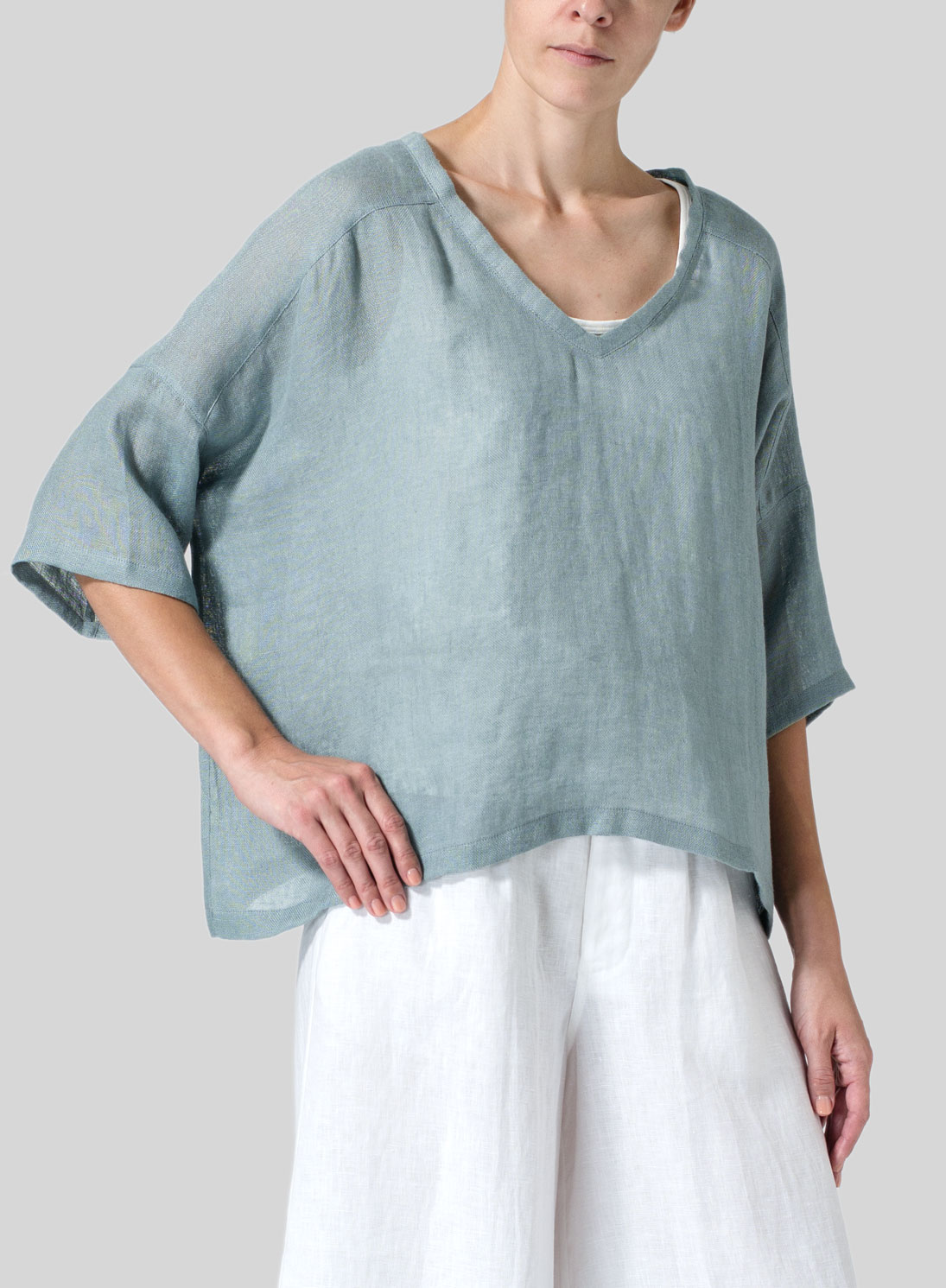 Woven Linen Deep V-neck Top - Plus Size