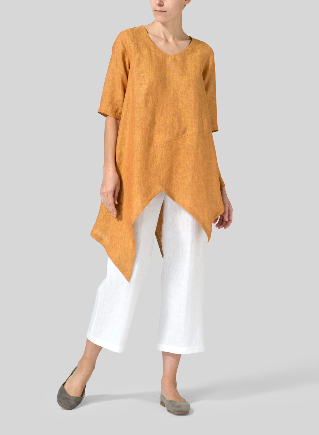Golden Brown Linen Asymmetrical Hem Tunic - Plus Size