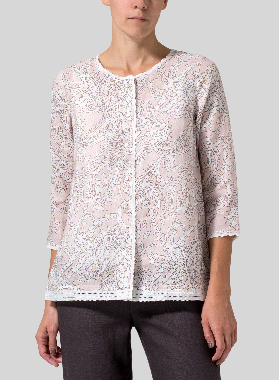 Pink Paisley Waves Lightweight Linen Embroidered Hemline Top