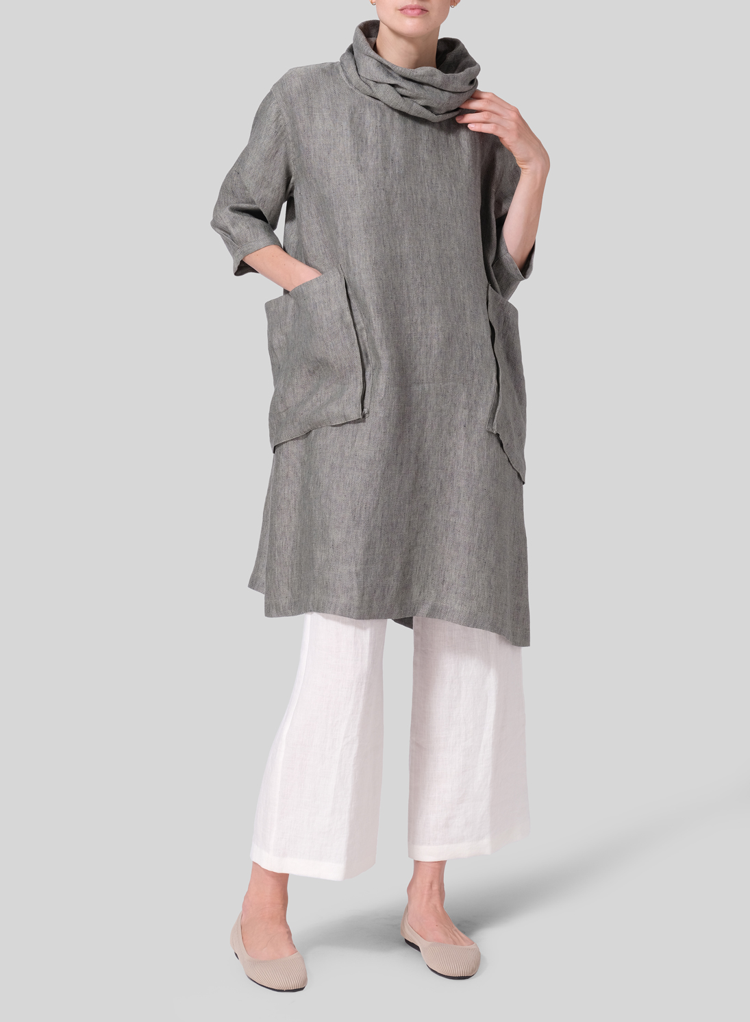 Dull Green Heavy Linen Cowl Neck Oversized Tunic