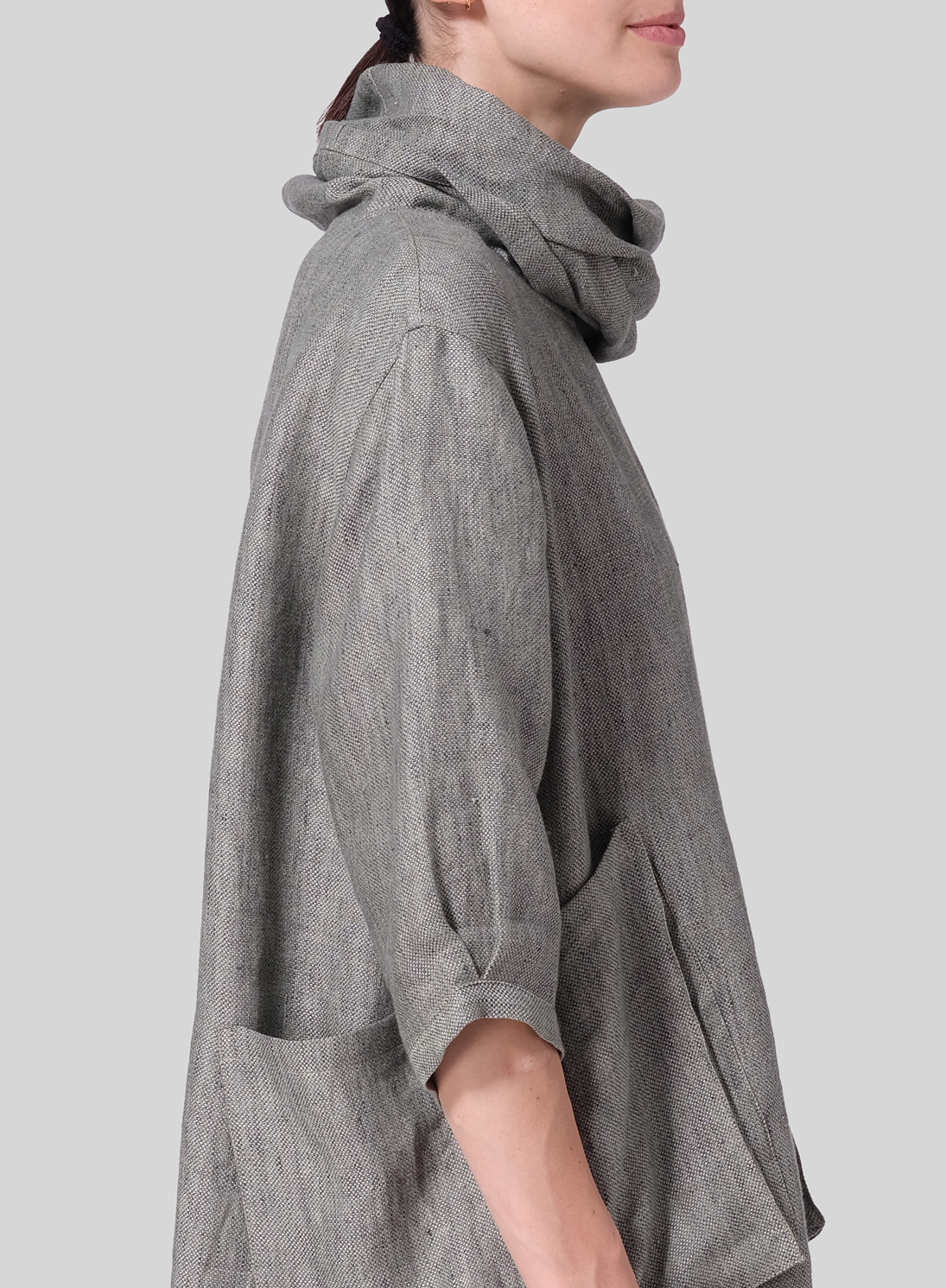Dull Green Heavy Linen Cowl Neck Oversized Tunic