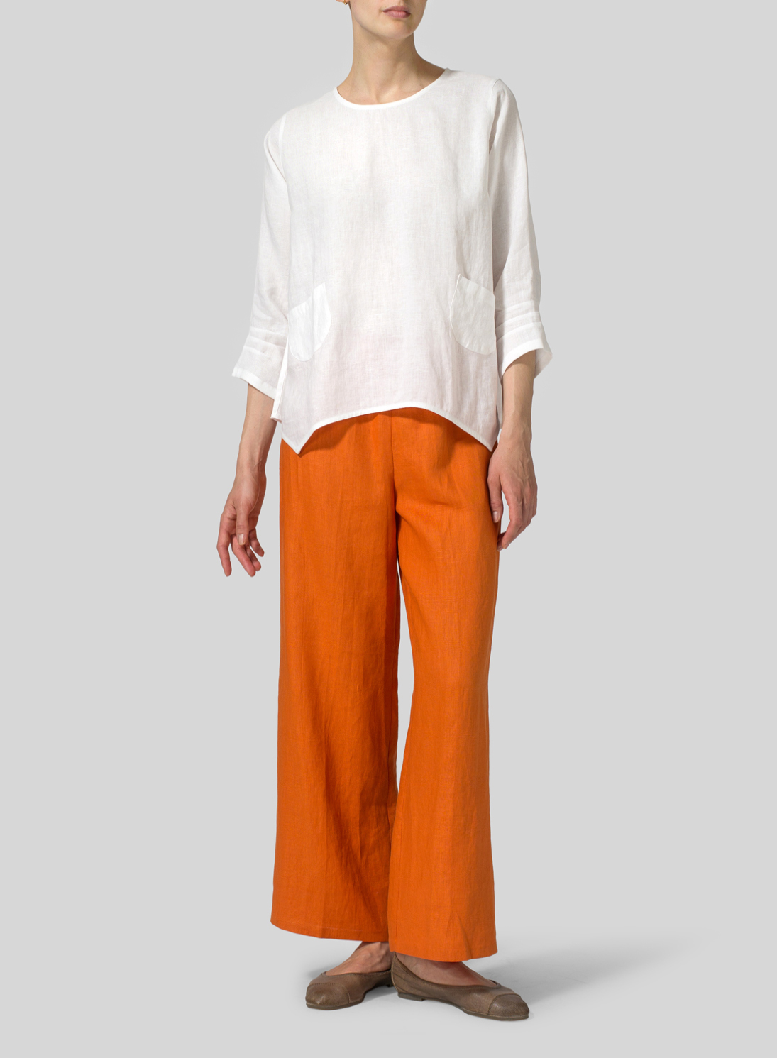 White Linen Round Neck 3/4 Sleeve Top