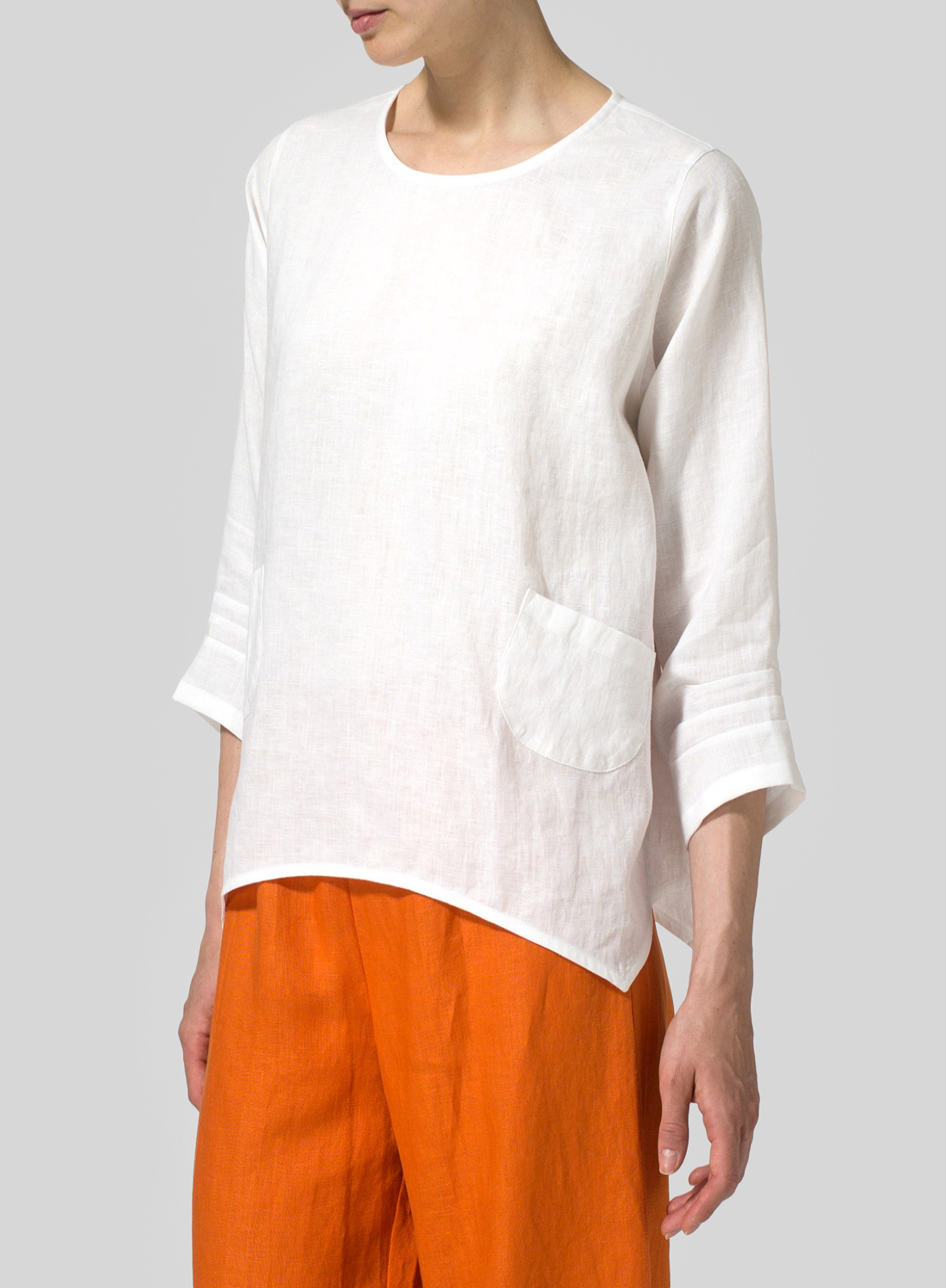 White Linen Round Neck 3/4 Sleeve Top