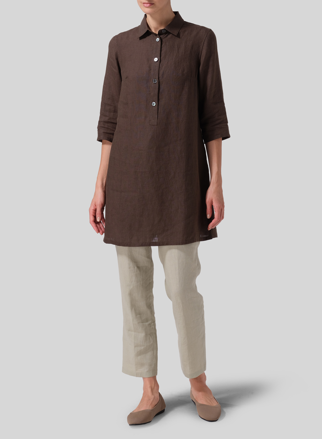 Linen Straight Fit Shirt Collar Tunic - Plus Size