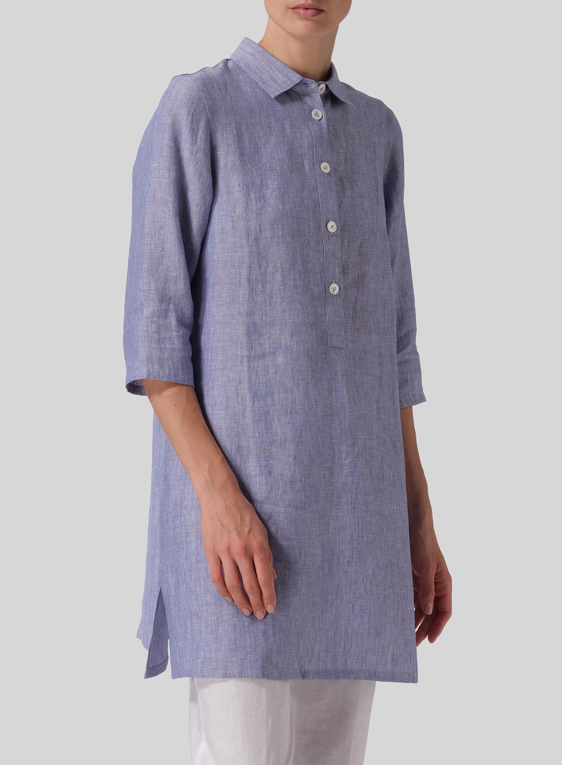 Linen Straight Fit Shirt Collar Tunic - Plus Size