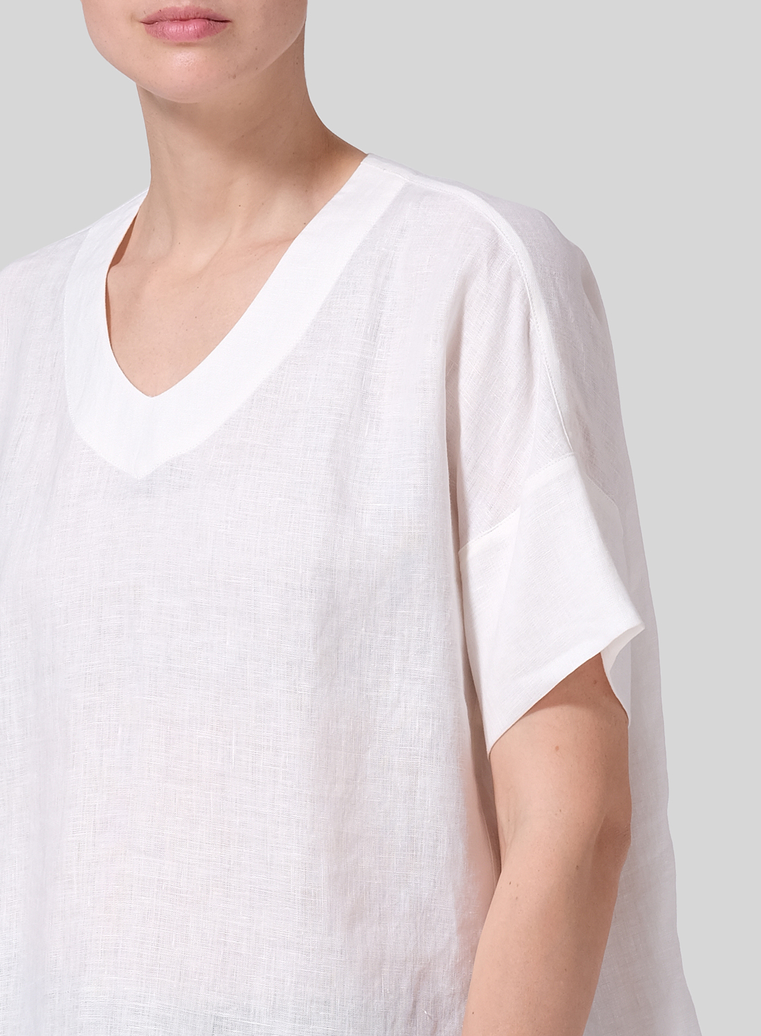 Soft White Linen Sloped Shoulder Wide Boxy V-neck Top