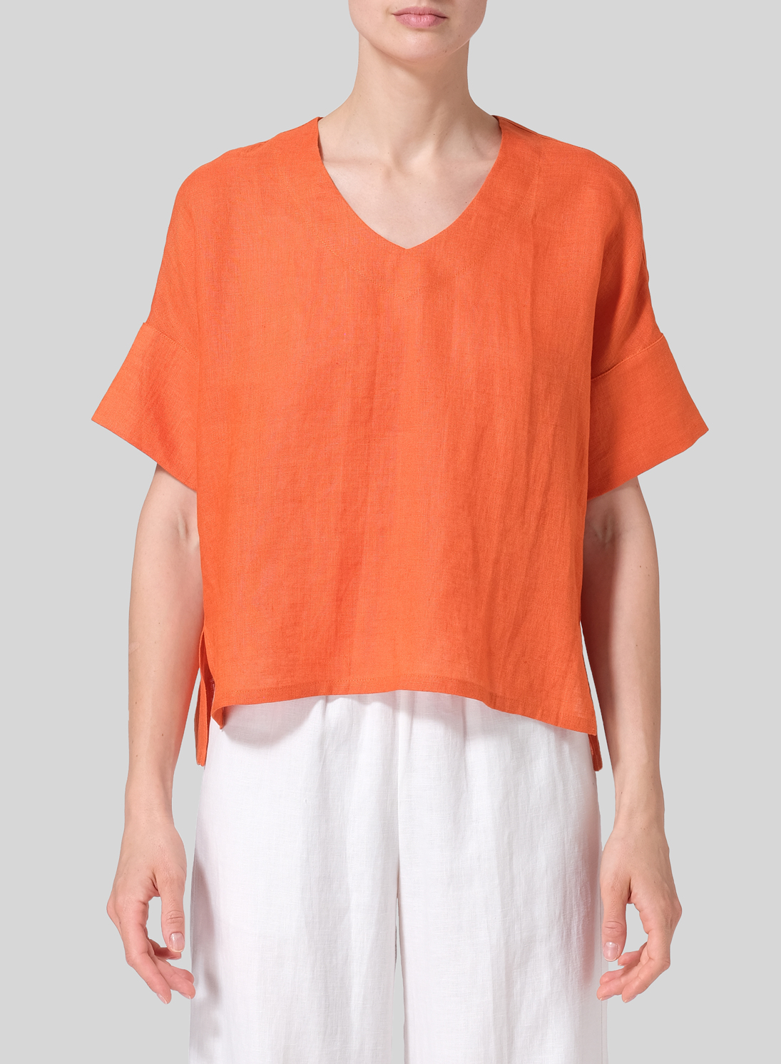 Linen Sloped Shoulder Wide Boxy V-neck Top - Plus Size