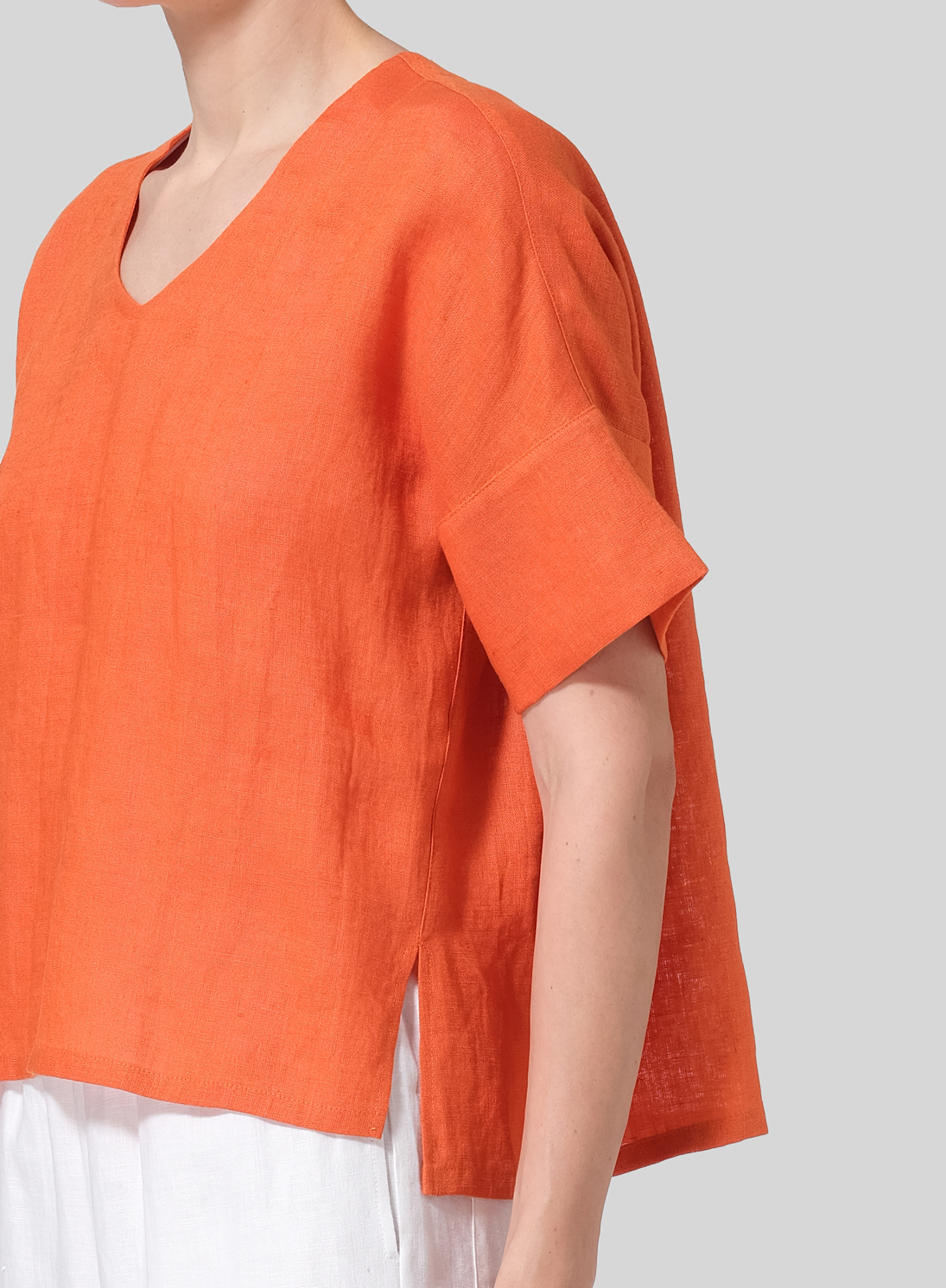 Linen Sloped Shoulder Wide Boxy V-neck Top - Plus Size