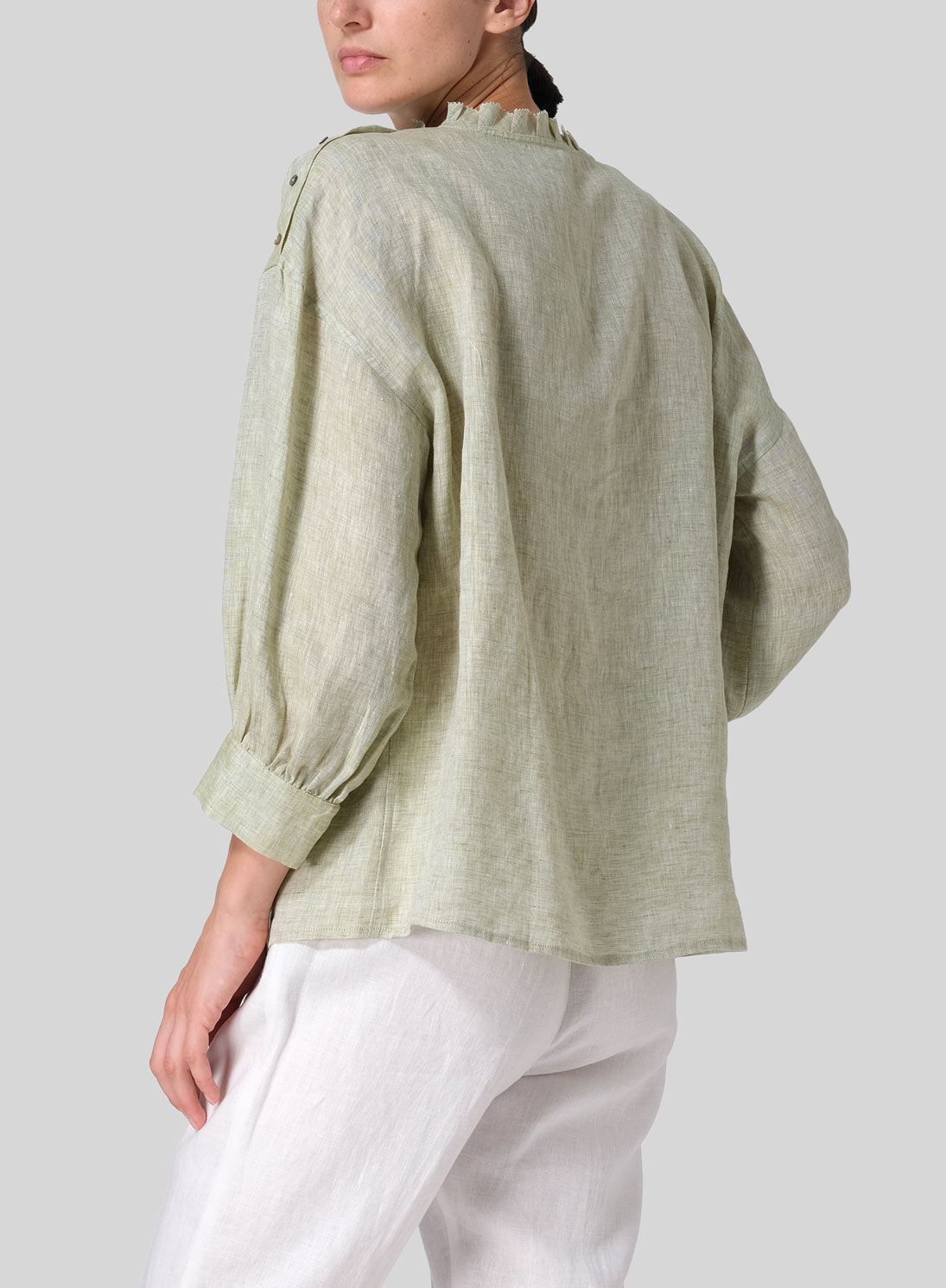 Linen Dropped Shoulder Ruffle Collar Blouse - Plus Size