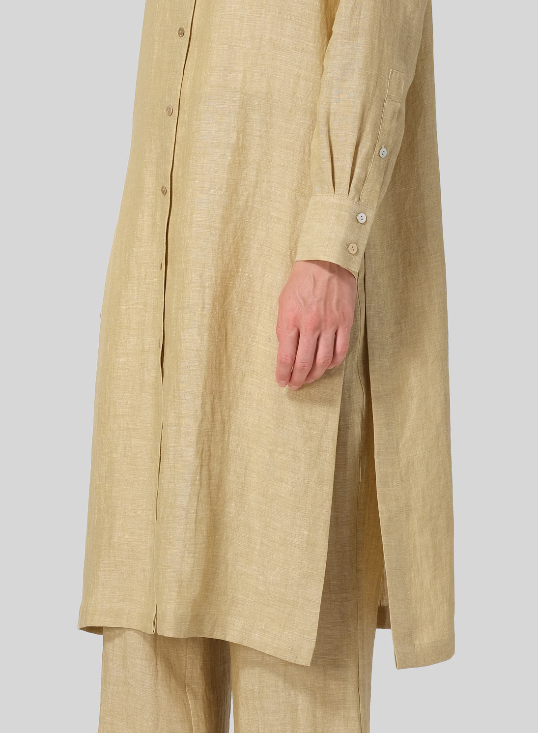 Flaxen Linen High Stand Collar Long Shirt Set - Plus Size