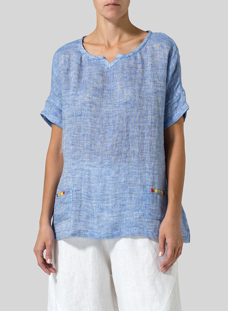 Linen Doublecloth Short Sleeve Top - Plus Size