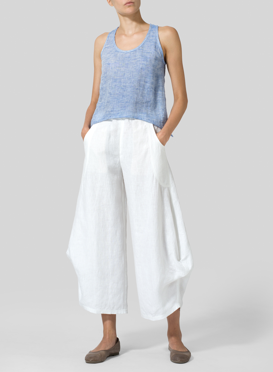 Two Tone Layered Linen Cropped Tank Top