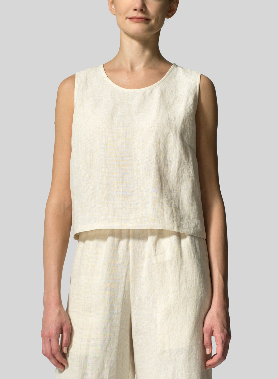 Brown Linen Round Neck Button Front Top Set