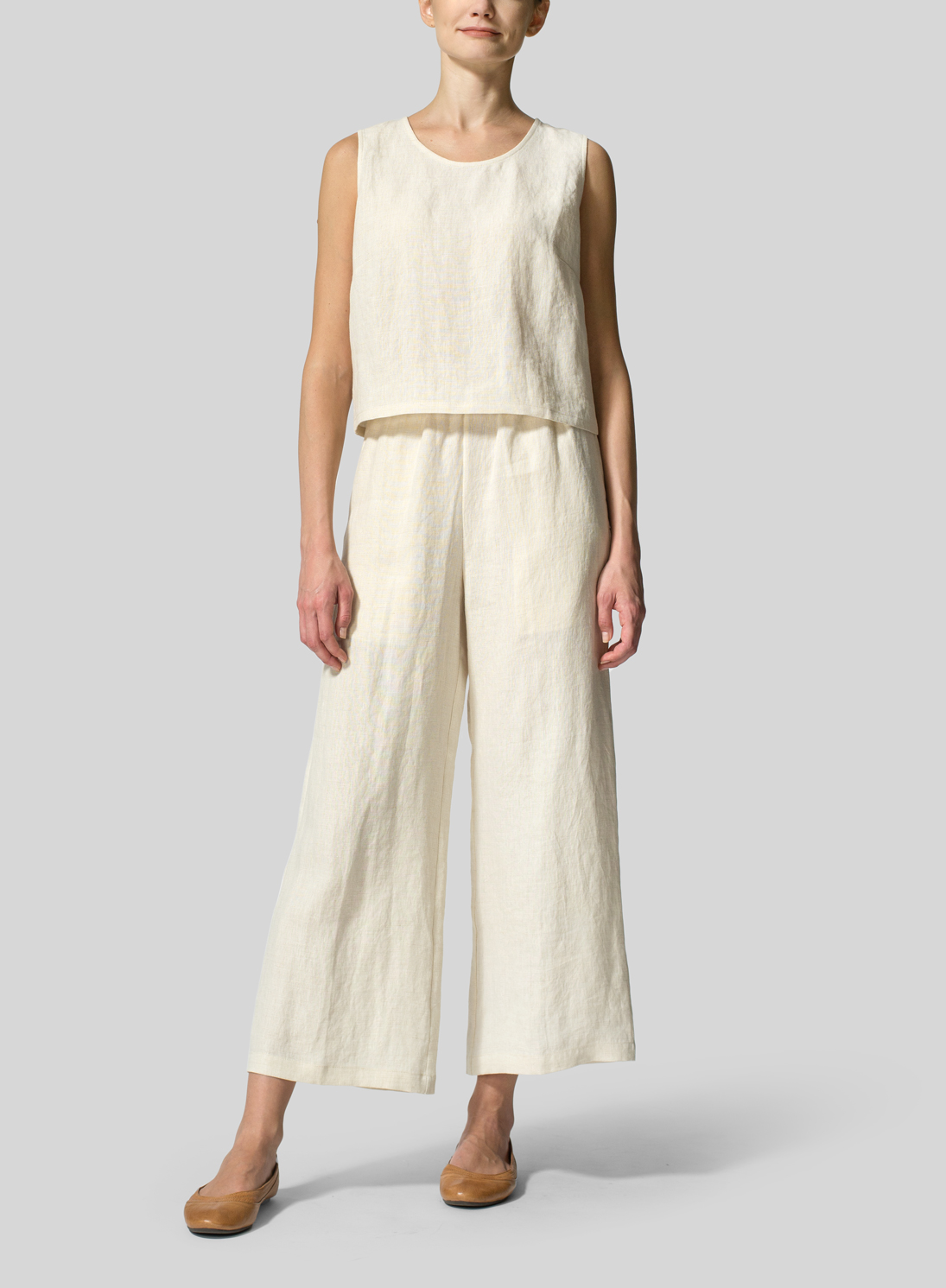 Brown Linen Round Neck Button Front Top Set